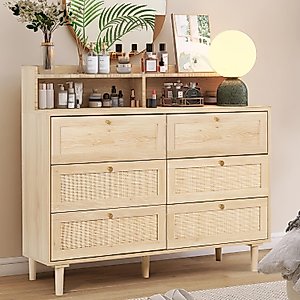 FUQARHY Rattan Dresser for Bedroom with Shelves, Modern 6 Drawer Double Dresser with Charging Station, Wood Chest of Drawers for Bedroom, Living Room, Hallway (Natural)