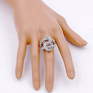 Lavencious 2 Circles Linked Design with Crystals Stretch Rings Statement Rings Free Size for Women (Silver)