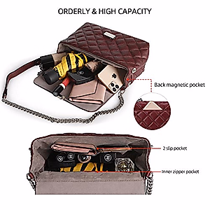 DORIS&JACKY Leather Quilted Shoulder Handbags Classical Crossbody Purse with Metal Chain Wine Red