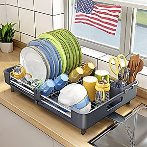 Dish Drying Rack, Kitchen Counter Dish Drainers Rack, Auto-Drain Expandable(13.2"-19.7") Stainless Steel Large Strainers Over Sink Drying Rack Drainboard with Utensil Holder Caddy Organizer, Grey