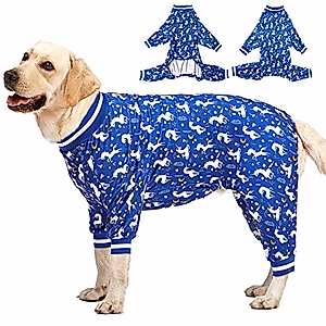 LovinPet Large Dog PJS Clothes: Wound Care/Post Surgery Dog Shirt, Lightweight Stretchy Knit Dog Pajamas, Mermaids & Unicorns Blue and White Print, Large Dog Jammies, Pet PJ's/Medium