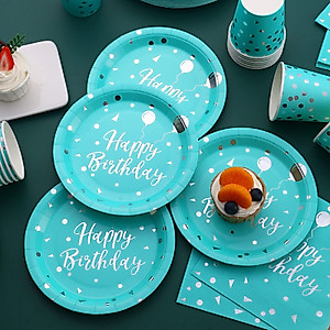 joy akkess 175PCS Teal Birthday Decorations Teal Party Decorations Teal Birthday Plates Serves 25 Guests Birthday Plates and Napkins for Happy Birthday Party Decorations Baby Shower