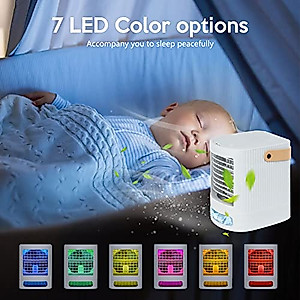 Longzhuo Portable Air Conditioner, 4 in 1 Evaporative Air Cooler with 600ml Water Tank, 7 Night Light Portable Air Cooler, Personal Desktop Cooling Fan for Car Home Camping Room