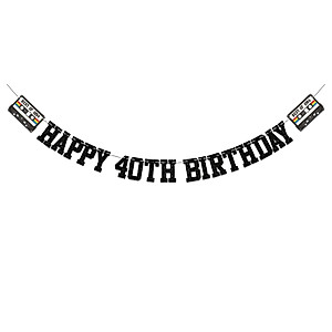 Happy 40th Birthday Banner - 40th Birthday Party Decorations, Retro Cassette Tape Best of 1984 Bunting Garland, 80’s Theme Party Supplies Black Glitter