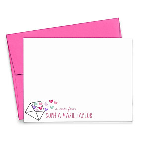 Personalized Girls Stationary with Envelopes FLAT NOTE CARDS, Heart Stationary with Envelopes, Personalized Girls Note Cards with Heart Note Cards with Envelopes, Your Choice of Colors and Quantity