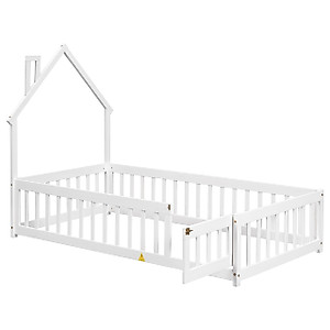 DEINPPA Twin Kids Bed, Wooden Floor Bed with House Shaped Headboard, House Bed Frame with Door Design for Toddler Children Boys Girls-White