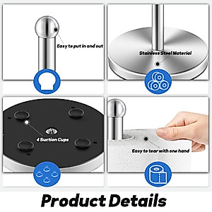 DAWNER Paper Towel Holder for Countertop, Easy One-Handed Tear, Stainless Steel, Weighted Base with Suction Cups, Non-Slip Paper Towel Stand for Kitchen, Bathroom, Brushed Nickel