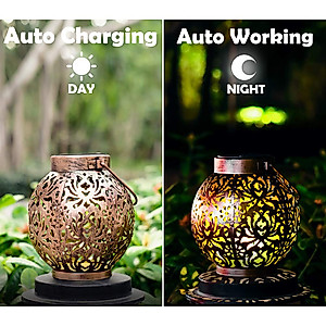 FENGTAI Waterproof Solar Lantern Outdoor, 2 Pack Hanging Lights Decorative Retro Metal Solar Lights for Table Patio Yard Pathway Walkway Garden