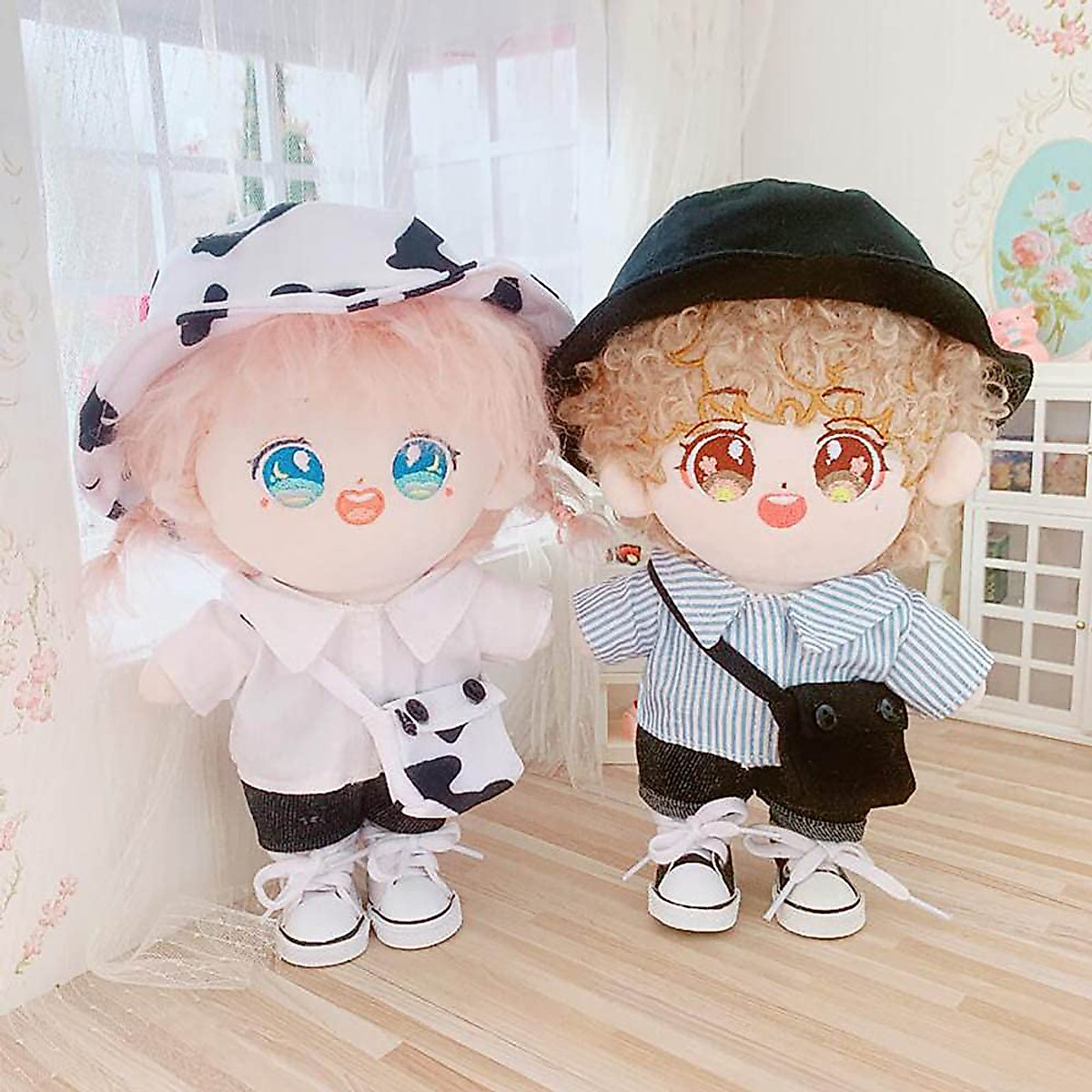 niannyyhouse Cow Clothes Suit 20cm(7.8in) Plush Doll Clothes Fisherman's Hat Denim Shorts White Shirt Doll Dressup(White)