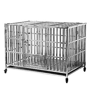 RyBuy 48" Stackable Heavy Duty Dog Crate Pet Stainless Steel Kennel Cage for Large Dogs with Tray in-Door Foldable & Portable for Animal Out-Door Travel