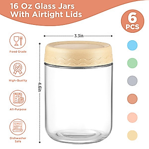 DRKIO 16 Oz Overnight Oats Containers with Lids - 6 Pack Glass Storage Jars with Airtight Lids Wide Mouth Mason Food Jars Great for Meal Prep Salad Chia Pudding Snacks Yogurt Sugar Spice Cereal