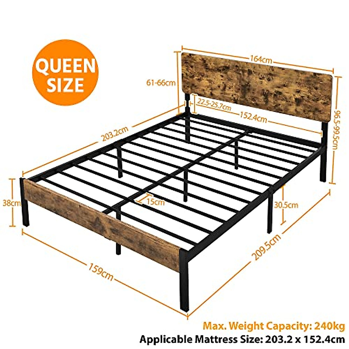 Yaheetech Metal Platform Bed Frame Queen with Wood Headboard and Iron Slats, Rustic Country Bed Base with Mattress Foundation/Strong Slats Support/12 Inch Underbed Storage/No Box Spring Needed, Brown