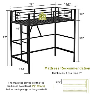 VECELO Loft Bed Twin Size, Metal Bedframe with Removable Ladder and Safety Guardrail, No Box Spring Needed, Space Saving, Noise Free, Black