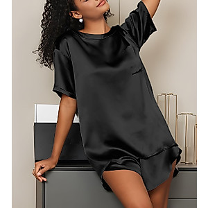 YAWJET Short Sleeve Pjs for Women Silk Satin Pajamas Set Soft Satin Two-piece Sleepwear Silky Loose Loungewear Shorts Set(Black, Large)