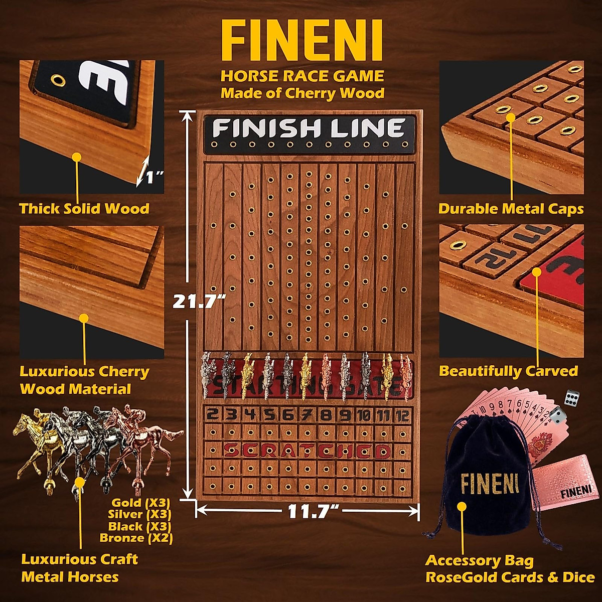 FINENI Horse Racing Game for Adults, Horse Race Board Game with 11 Luxurious Metal Horses (Gold, Silver, Black, Rose Gold), 22” Cherry Wood Horse Race Game Board, Dice & RoseGoldCard Included (Cherry)