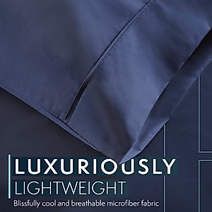 HC COLLECTION Bed Sheets Set California King with 2 Pillowcases Hotel Luxury Brushed Microfiber Sheet w/Deep Pocket, Fade Resistant Ultra Soft Breathable Lightweight 4 Pcs Bedding Solid Color, Navy