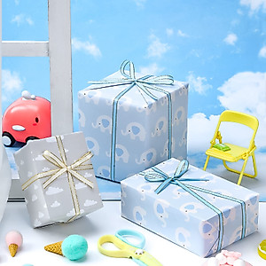LeZakaa Reversible Baby Shower Wrapping Paper - Jumbo Roll - Elephant in Blue & Cloud in Gray for Baby Boy - 24 inches x 100 Feet (200 sq.ft.)