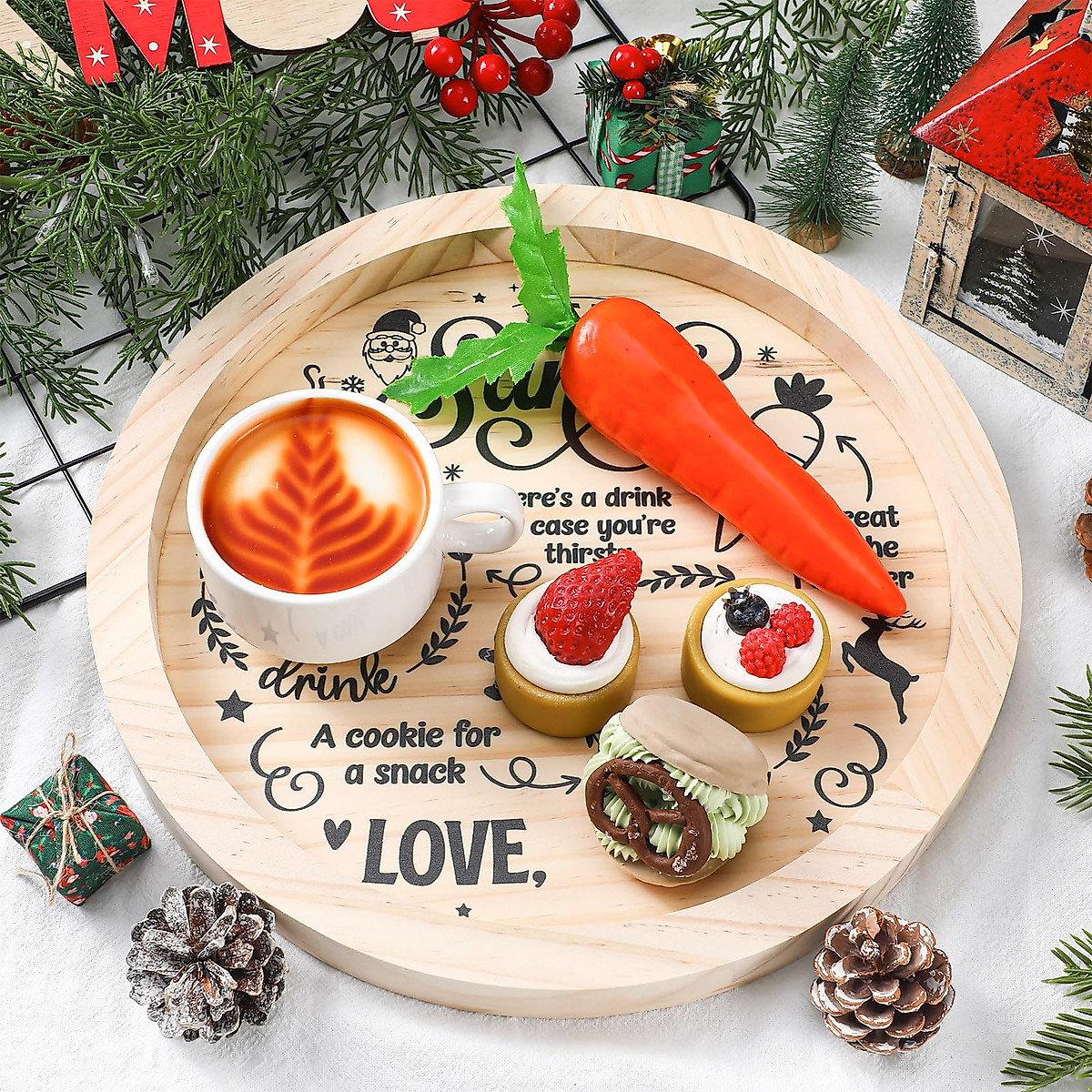 Sliner Christmas Wooden Santa Cookie Plates Round Treat Plates Serving Trays 11.81" Milk Snacks Cookie Plates for Gift Giving Cute Xmas Platters Decorative Santa Treat Board for Holiday Supply