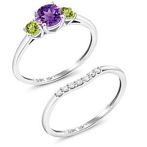 10K White Gold Purple Amethyst and Green Peridot and White Lab Grown Diamond 3-Stone Bridal Engagement Wedding Ring Set For Women (0.76 Cttw, Gemstone February Birthstone, Round 5MM, Size 5)