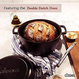 Cast Iron Cookware 8-Pc Set - Pre-Seasoned 10"+12" Skillet + 5-Quart Double Dutch Oven + Pan Rack Organizer + Silicone Handle Cover Grips + Scraper/Cleaner- Stovetop, Grill, BBQ, Indoor/Outdoor Use