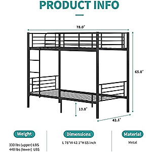 Metal Bunk Bed Twin Over Twin, Heavy Duty Bed Frames with Safety Guard Rails, Metal Slats for Kids, Teens, Adults, No Box Spring Needed Black