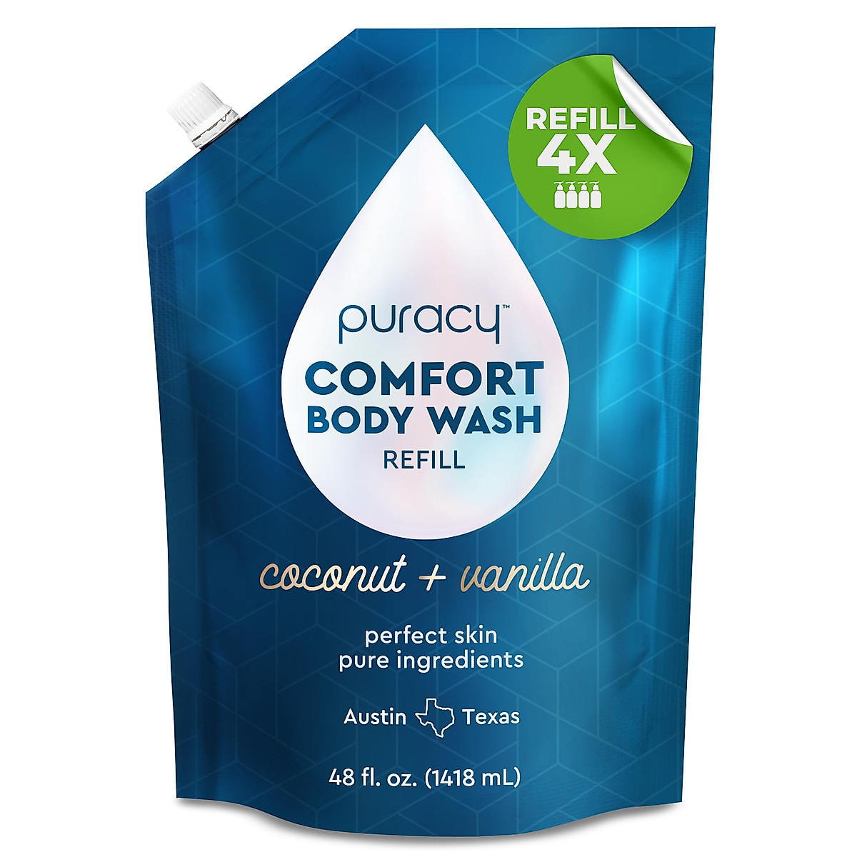 Puracy Body Wash Refill, Natural Body Wash, 98.6% Pure Plant Ingredients, Moisturizing Shower Gel for Women Men Kids, Body Soap for Dry Sensitive Skin. Gently Scented with Coconut & Vanilla, 48 Ounce