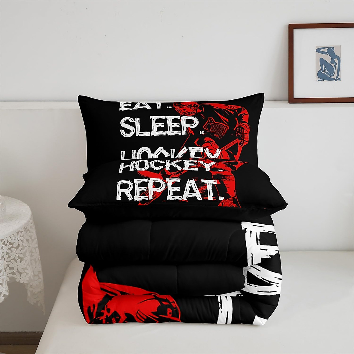 Hockey Comforter Twin for Kids Boys Teens,Black Red Grey Eat Sleep Hockey Bedding Set Warm,Ice Hockey Player Down Comforter Bedroom Decor,Graffiti Winter Sports Game Quilted Duvet with 1 Pillow Sham