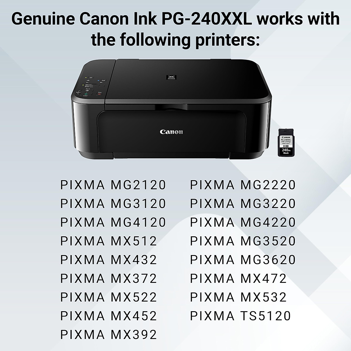 Canon PG-240 XXL Black Ink Cartridge Compatible to printer MG2120, MG3120, MG4120, MX432, MX522, MX452, MX392, MG2220, MG3220, MG4220, MG3520, MG3620, MX472, MX532, TS5120