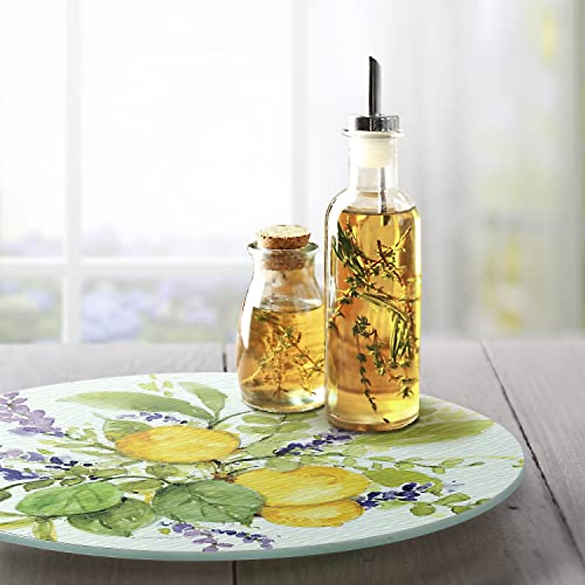 CounterArt Watercolor Lemons 4mm Heat Tolerant Tempered Glass Lazy Susan Turntable 13" Diameter Cake Plate Condiment Caddy Pizza Server