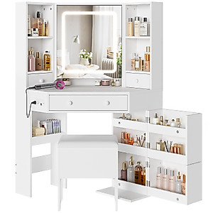 BTHFST Corner Vanity Desk with Lights and Charging Station, Makeup Vanity with Lights, Vanity Set with Mirror and Storage Stool, Makeup Table with Drawers, Rotating Shelves, White