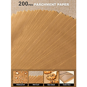 SMARTAKE 200 Pcs Parchment Paper Baking Sheets, 9x13 Inches Non-Stick Precut Baking Parchment, for Baking Grilling Air Fryer Steaming Bread Cup Cake Cookie and More (Unbleached)