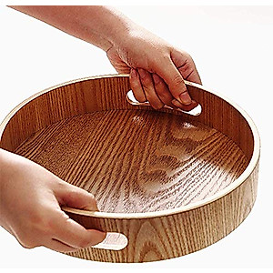 I-lan 14 Inch Wooden Serving Tray Circle, Round Wood Platter with Handles and 2 Inch Raised Side, Natural Wood Grain Circular Ottoman Display Tray Organizer for Food, Snack, Coffee Table, Beige, L