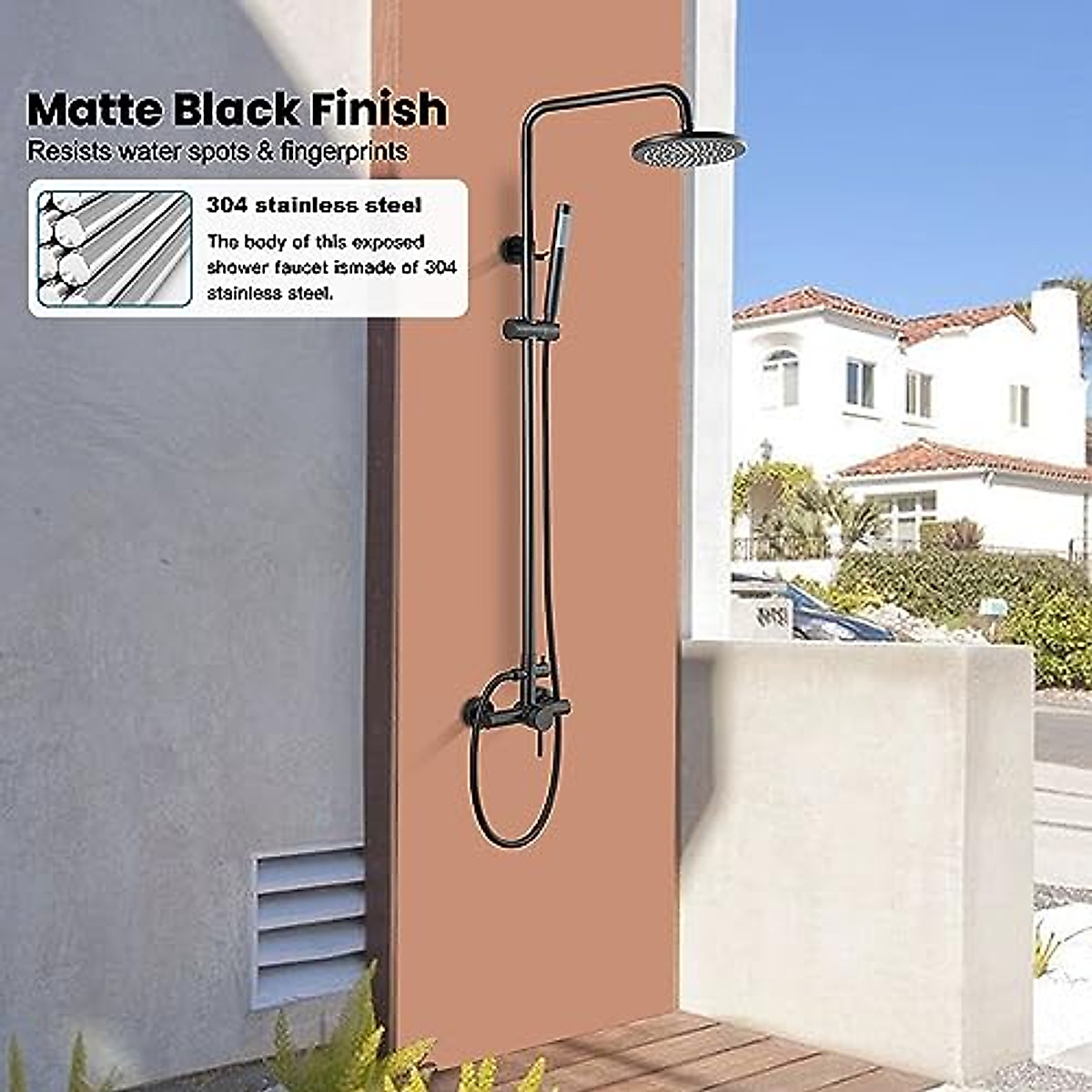 Outdoor Shower Fixture Set Matte Black SUS 304 Stainless Steel 8 Inch Rainfall Shower Head with Cylinder Handheld Spray Wall Mount Adjustable Slide Bar One Handle Shower Faucet