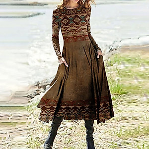 FIRERO Holiday Dresses for Women, Empire Waist Classy Winter Dress for Womens Long Sleeve Office Crewneck Cotton Evening Dresses Loose Fit Print Pocket Comfortable