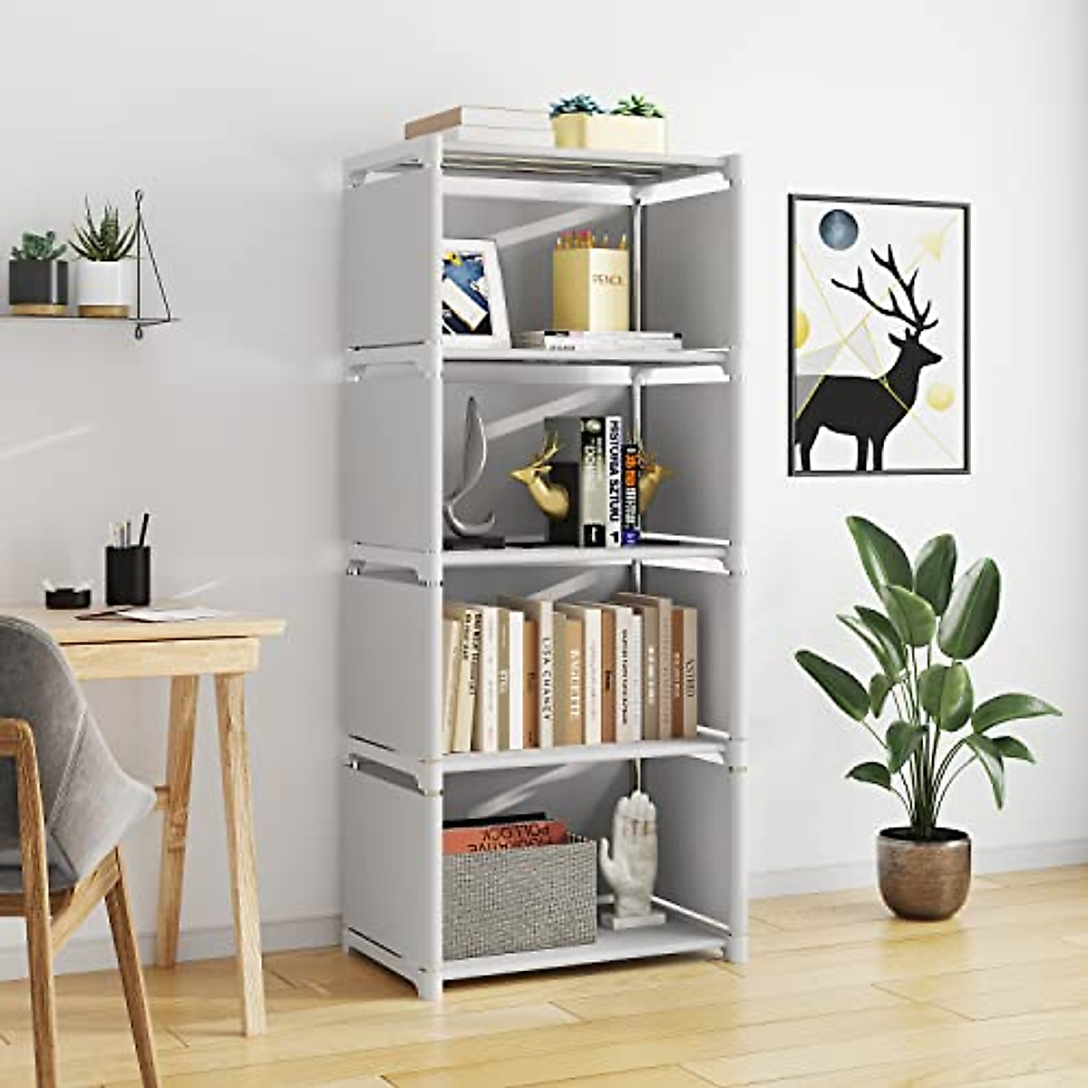 Riipoo Storage Cube Shelves, 4-Cube Organizer Shelf for Bedroom Closet, 5-Layer Small Bookshelf, Bookcase Unit for Small Spaces