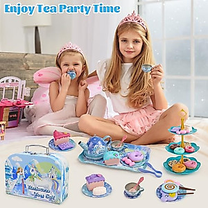 Toddler Toys Tea Set for Little Girls - 48 Pcs Tin Tea Set for Kids Includes Teapot, Tea Cup, Saucers Set Snack Plates & Desserts , Unicorn Princess Tea Party Set with Carrying Case