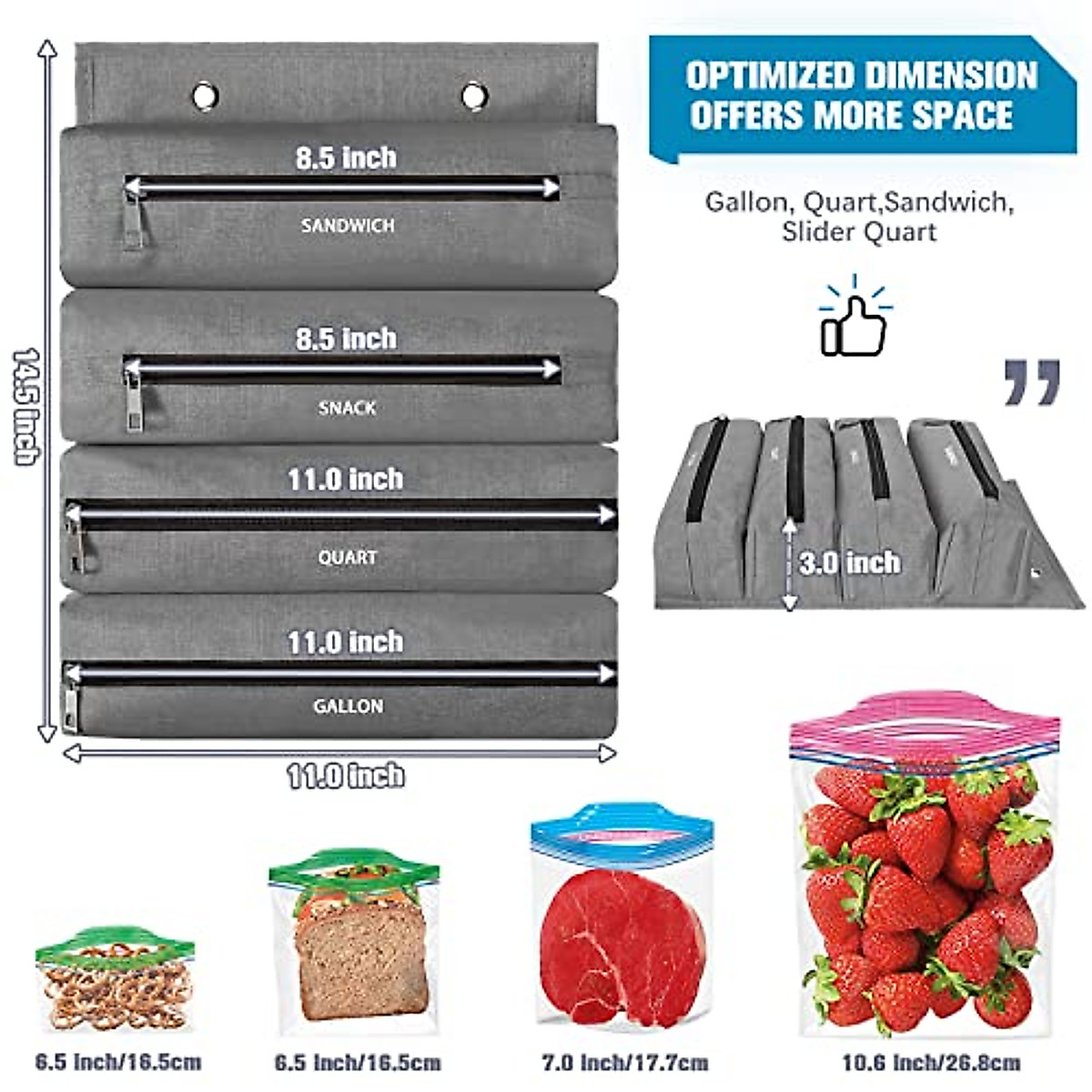 shiningwaner Ziplock Bag Storage Organizer for Kitchen Drawer, Upgraded Plastic Bag Organizer, Baggie Organizer with Ziplock Gallon, Quart, Sandwich and Snack Variety Size Bag, Grey