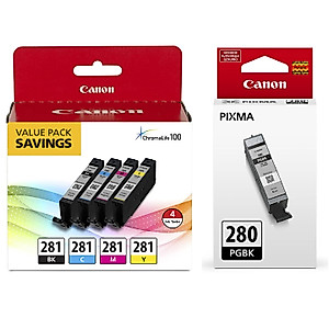 Canon CLI-281 BKCMY 4-Color Ink Tank Value Pack (2091C005) + Canon PGI-280 Pigment Black Ink Tank (2075C001)