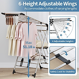APEXCHASER Clothes Drying Rack with High Hanger, Foldable 3-Level Drying Racks with Shoe Rack, Crossbar and Vertical Rod Laundry Stand with Adjustable Wings