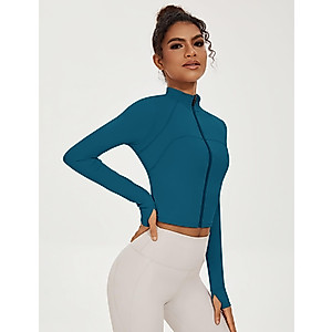 Ivicoer Women's Cropped Running Workout Jackets Lightweight Zip Slim Fit Athletic Tops with Thumb Holes Navy Blue, L