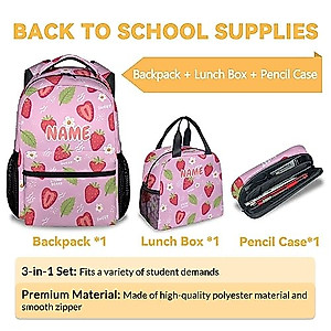 Homexzdiy Personalized Strawberry Backpack with Lunch Box Set for Girls, Custom 3 in 1 School Backpacks Matching Combo, Cute Pink Bookbag and Pencil Case Bundle
