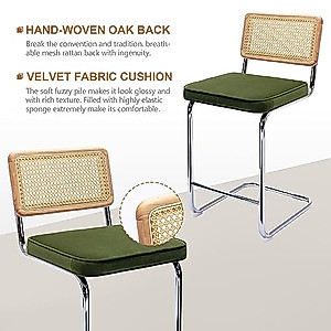 Zesthouse Modern Counter Height Stools, 24'' Natural Rattan Barstools Set of 2, Velvet Kitchen High Chairs with Backs, Mid Century Cantilevered Design Counter Chairs Island Stools, Green