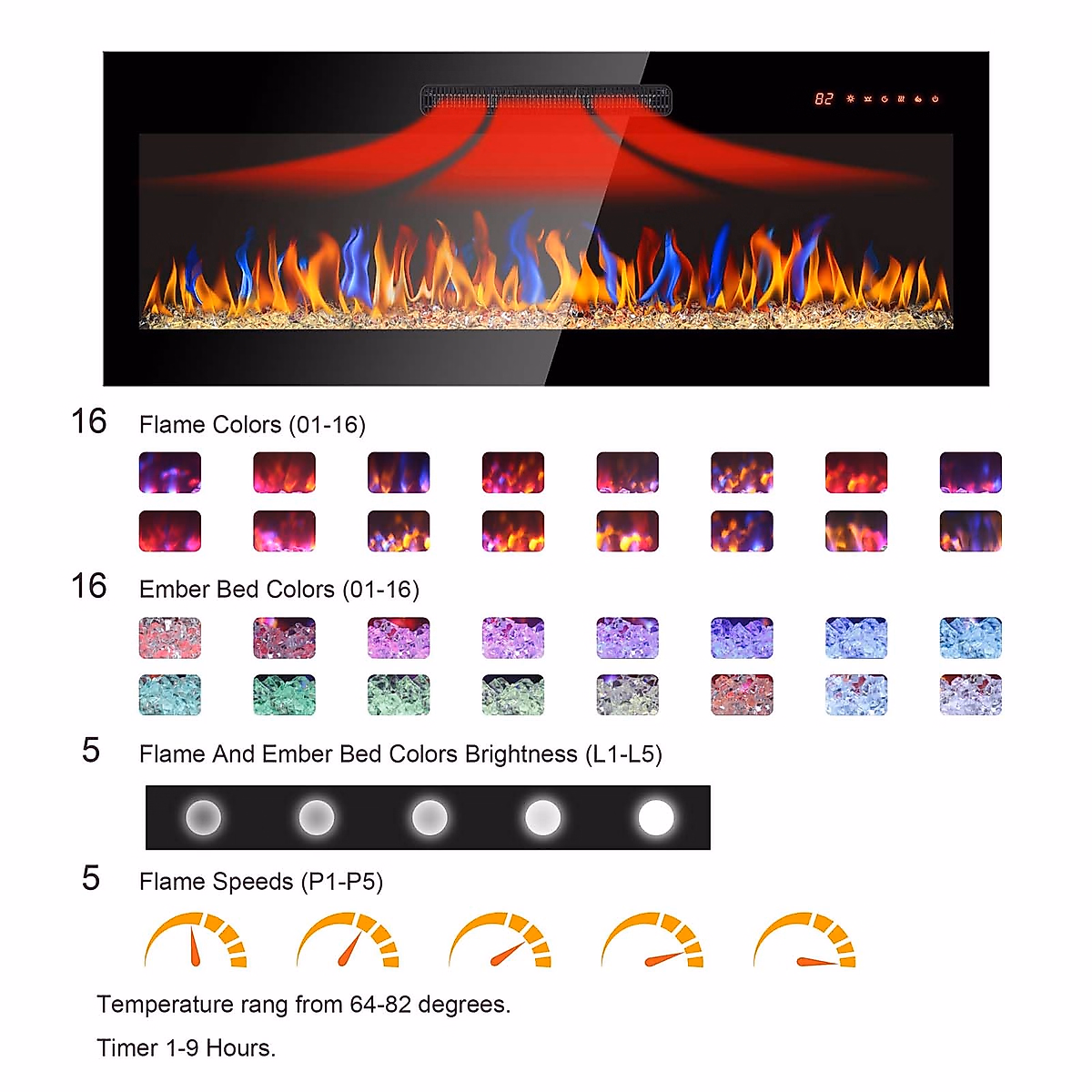 60 Inch Ultra-Thin Electric Fireplace, Recessed and Wall Mounted Fireplace, LED Light Heater with Remote Control, Tempered Glass Front Electric Fireplace with Multi Color Flame & Emberbed (60 inch)