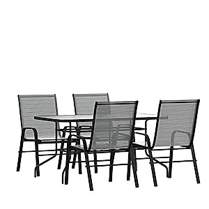 Flash Furniture 4 Flex Comfort Stack Chairs, 55" Tempered Glass Patio Table with Umbrella Hole, Gray