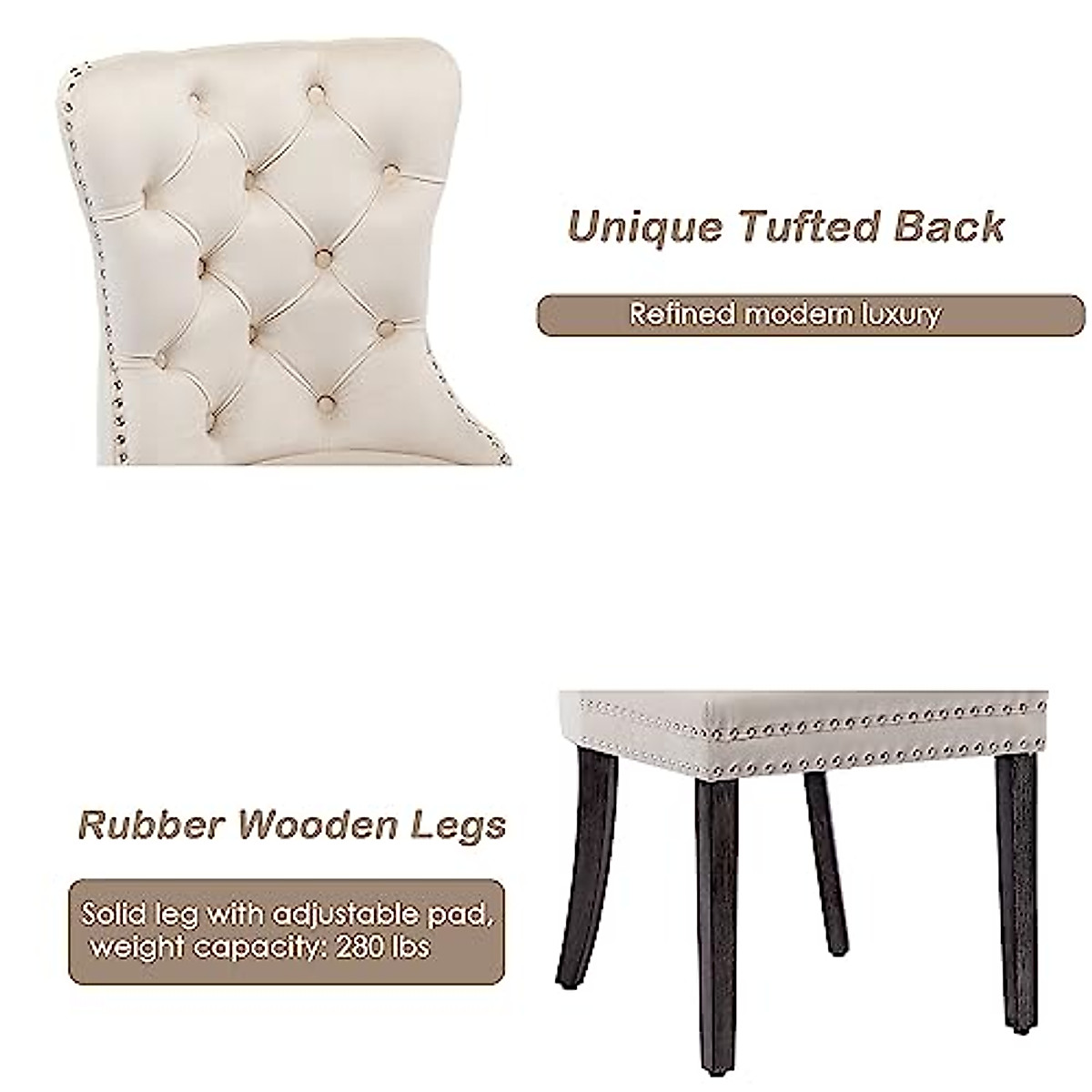 KCC Velvet Dining Chairs Set of 4 (Renewed), Upholstered High-end Tufted Dining Room Chair with Nailhead Back Ring Pull Trim Solid Wood Legs, Nikki Collection Modern Style for Kitchen, Beige