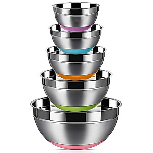 REGILLER Stainless Steel Mixing Bowls (Set of 5), Non Slip Colorful Silicone Bottom Nesting Storage Bowls, Polished Mirror Finish For Healthy Meal Mixing and Prepping 1.5-2 - 2.5-3.5 - 7QT (Colorful)
