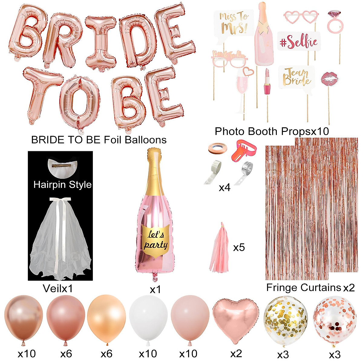 Amandir Bachelorette Party Decorations Supplies, Rose Gold Bridal Shower Decorations Bride To Be Pink White Gold Confetti Foil Heart Balloons, Veil, Photo Booth Props, Fringe Curtains, Paper Tassels