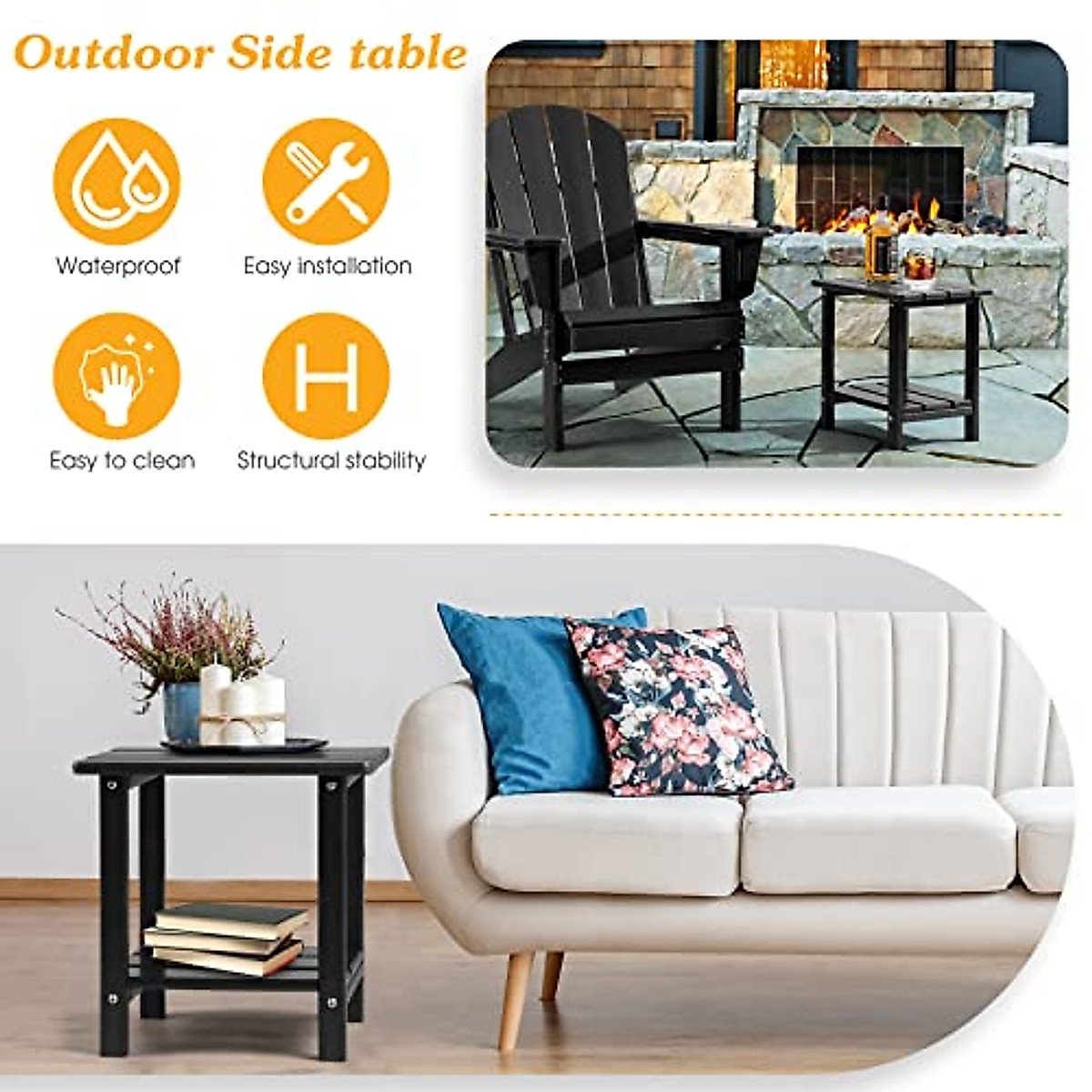 Apolimi Adirondack Outdoor Side Table, 2-Tier Sturdy Patio End Table Weather Resistant, 16.5" Solid Side Table for Patio, Pool, Porch (Black)