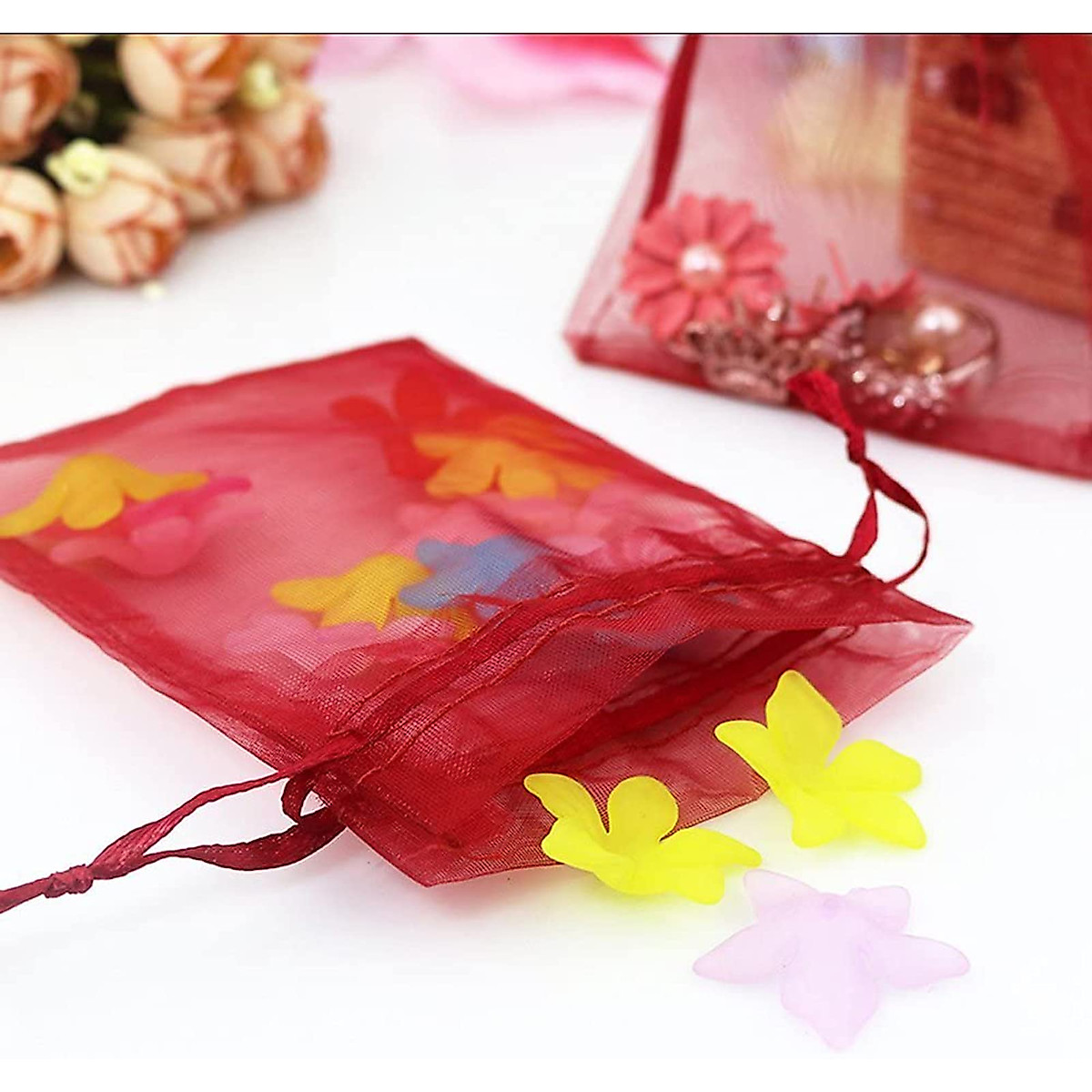 Wuligirl 100pcs Sheer Organza Bag 4X6 with Drawstring Jewelry Pouches Bags for Party Wedding Favor Candy Seashell Gift Bags (Red)