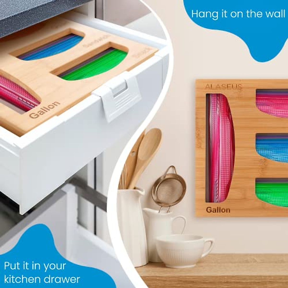 Bamboo Ziplock Organizer - Storage Bag Kitchen Organizer - Ziplock Storage Organizer - Food Storage Bag Dispenser - 40 Ziplock Bags Included